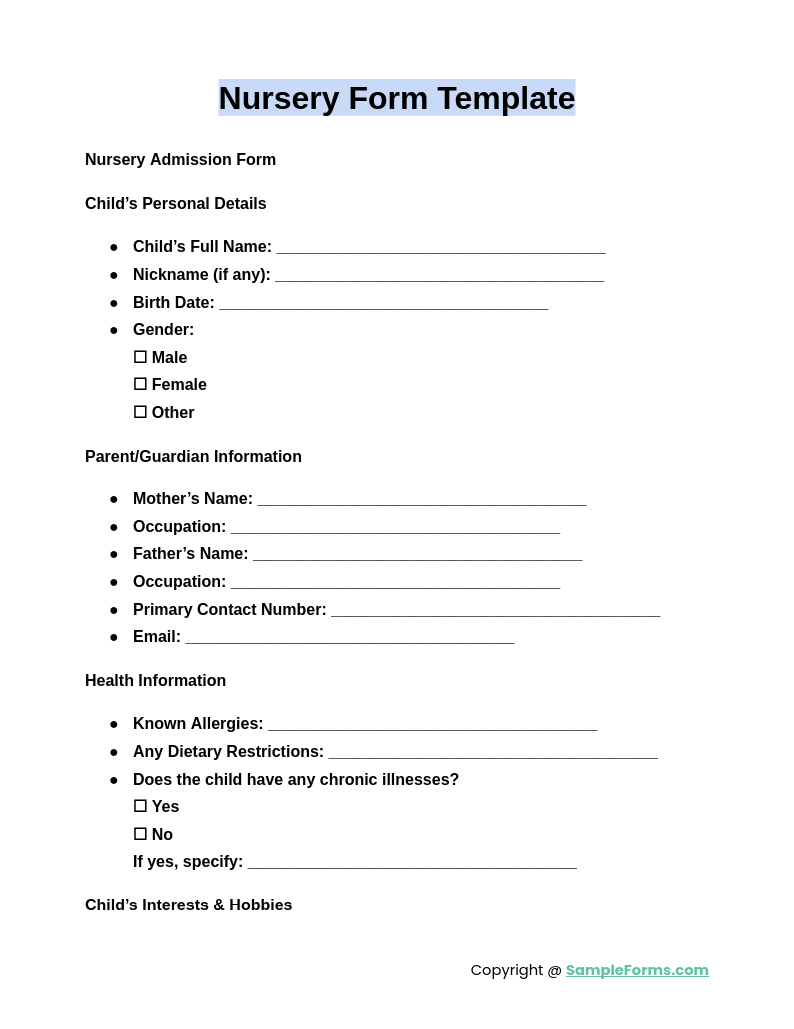 FREE 34+ Nursery Form Samples, PDF, MS Word, Google Docs
