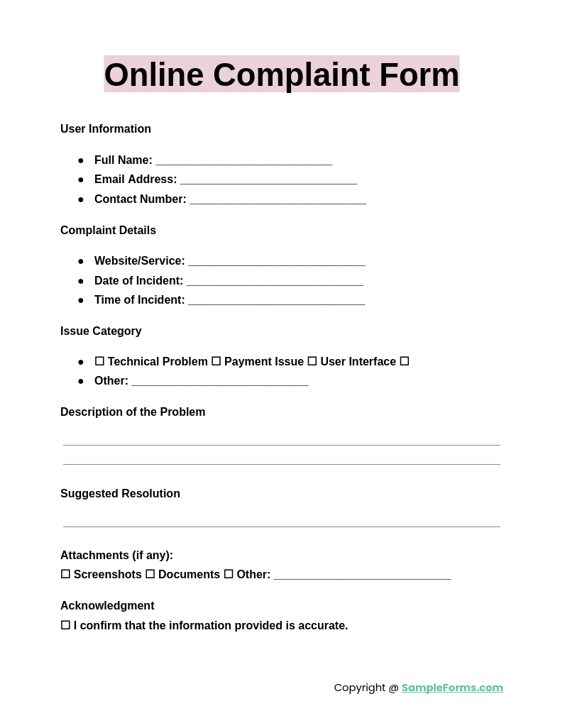 FREE 46+ Complaint Form Samples, PDF, MS Word, Google Docs, Excel