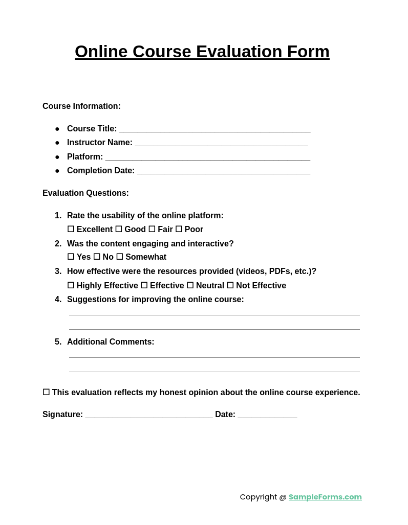 FREE 28+ Course Evaluation Form Samples, PDF, MS Word, Google Docs, Excel