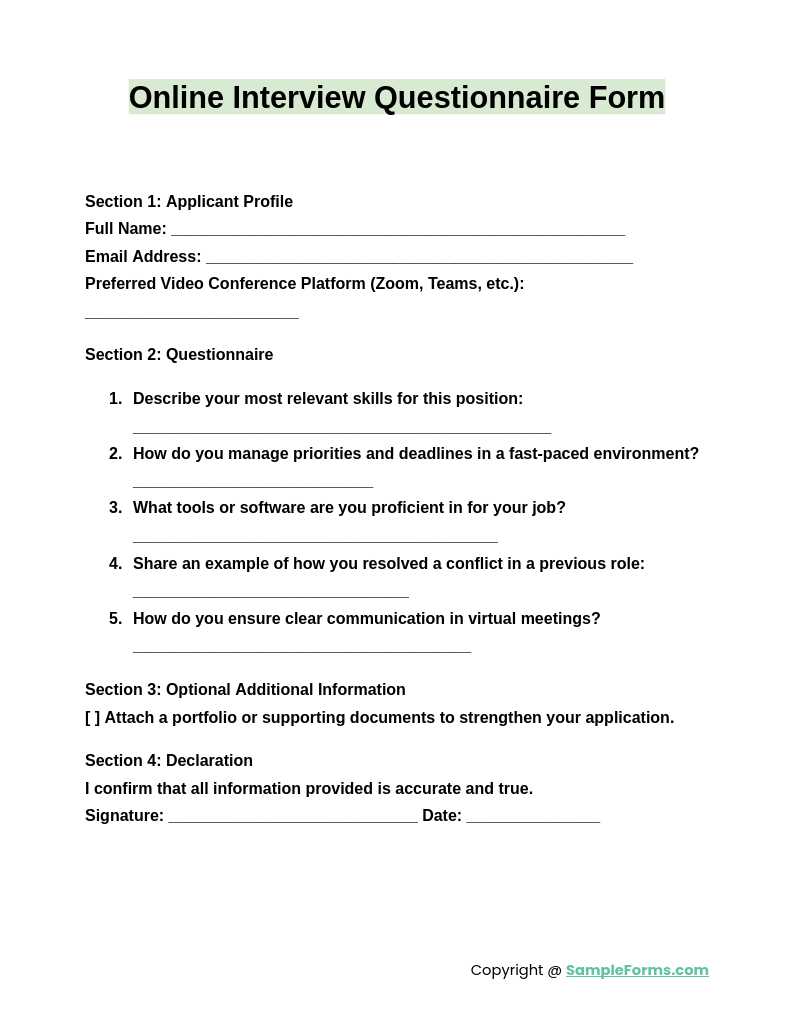 FREE 12+ Interview Questionnaire Form Samples, PDF, MS Word, Google ...