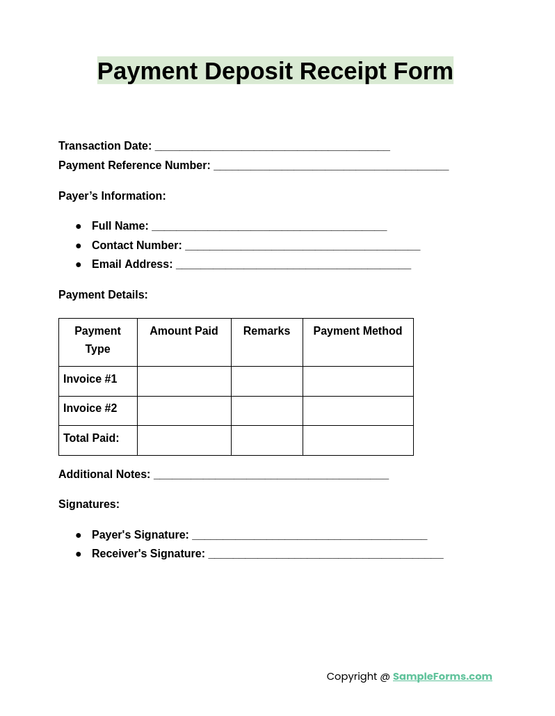 FREE 13+ Deposit Receipt Form Samples, PDF, MS Word, Google Docs, Excel