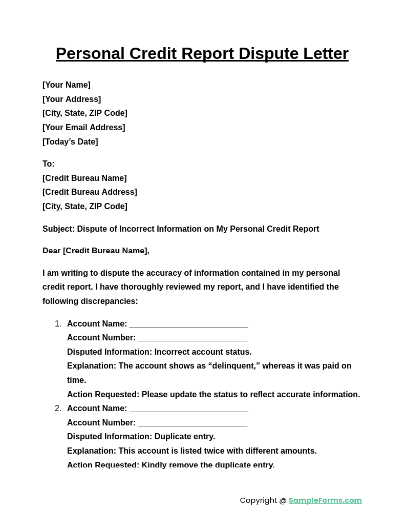 FREE 11+ Credit Report Dispute Letter Samples, PDF, MS Word, Google Docs