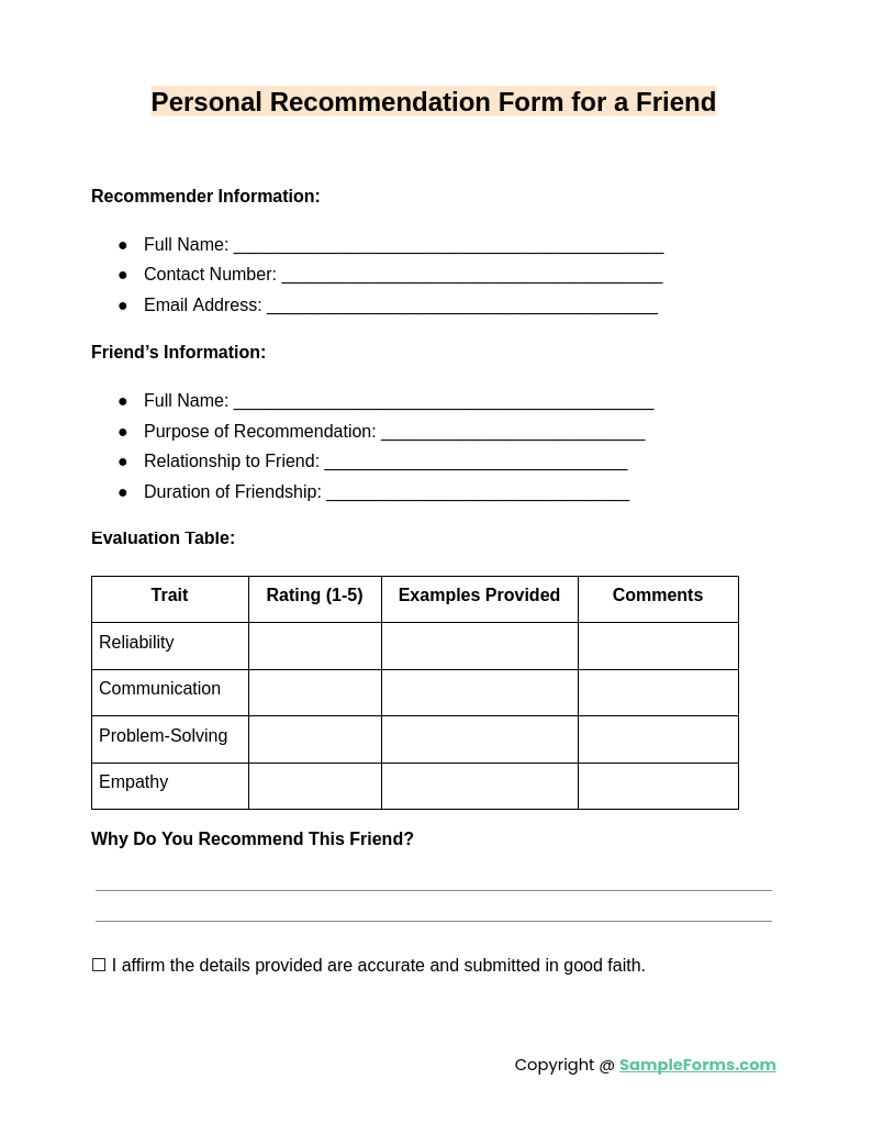 FREE 11+ Personal Recommendation Form Samples, PDF, MS Word, Google Docs