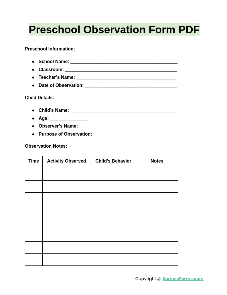 FREE 10+ Preschool Observation Form Samples, PDF, MS Word, Google Docs