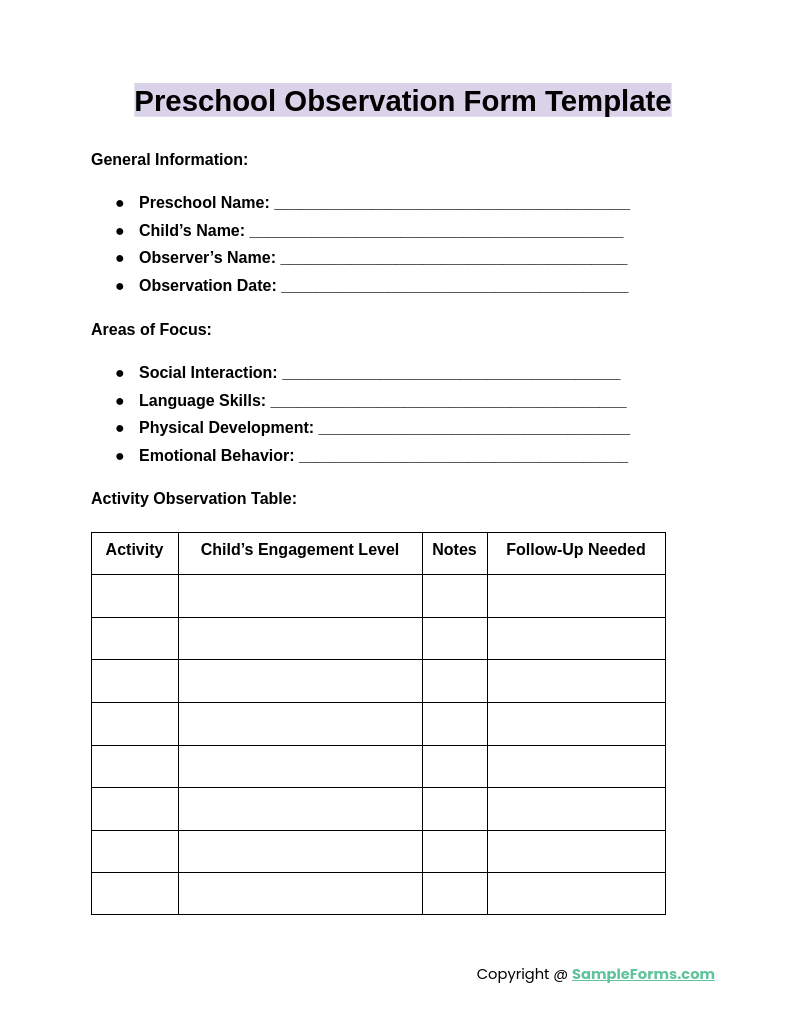 FREE 10+ Preschool Observation Form Samples, PDF, MS Word, Google Docs