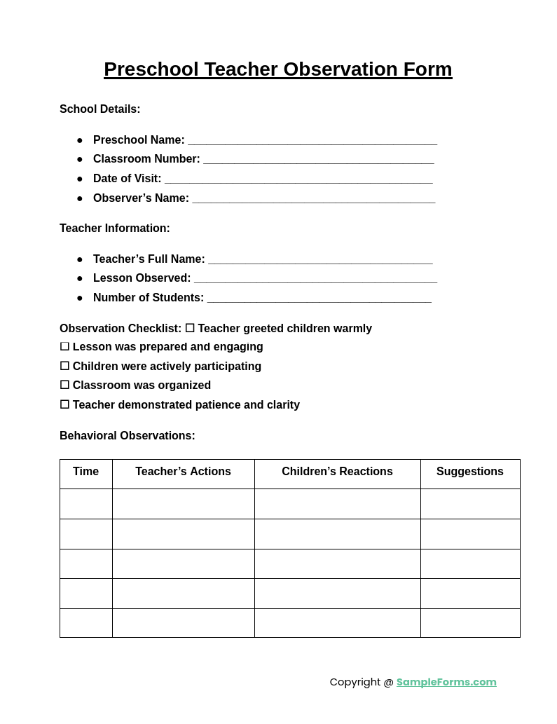 FREE 10+ Preschool Observation Form Samples, PDF, MS Word, Google Docs