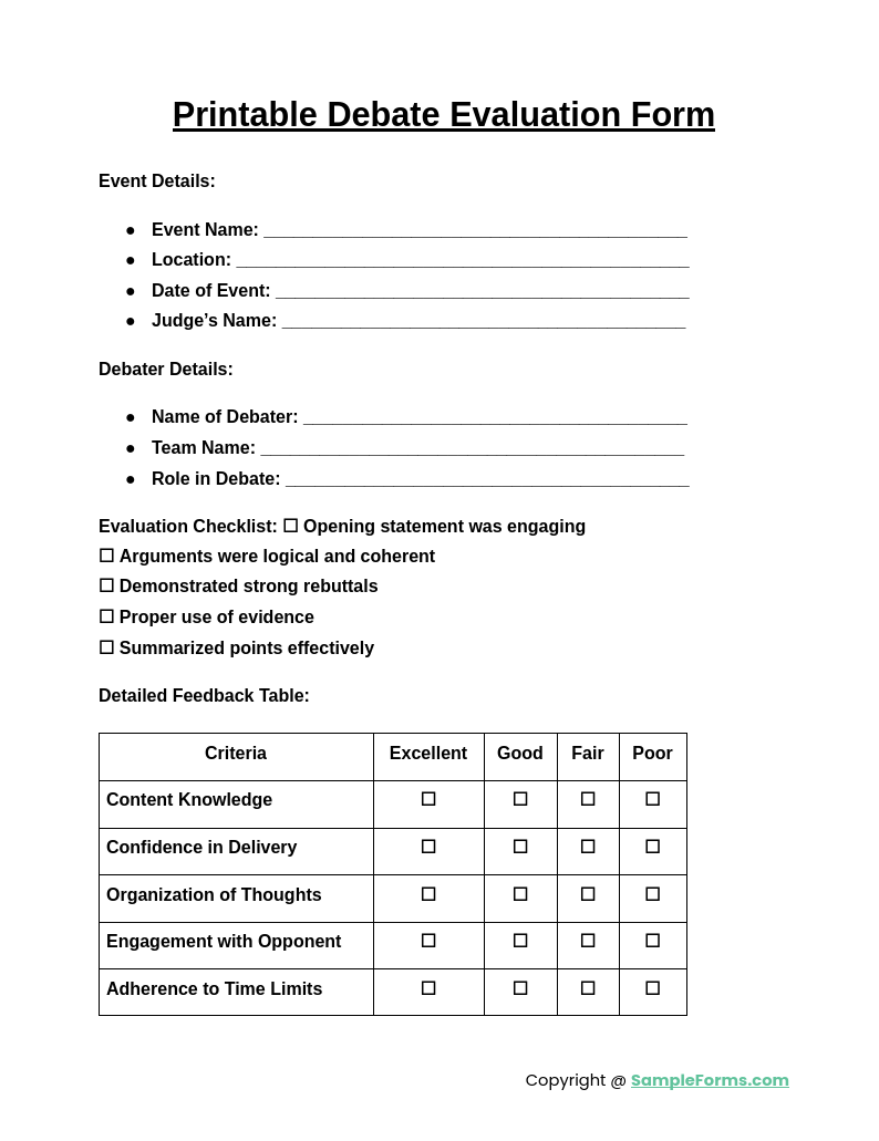FREE 18+ Debate Evaluation Form Samples, PDF, MS Word, Google Docs