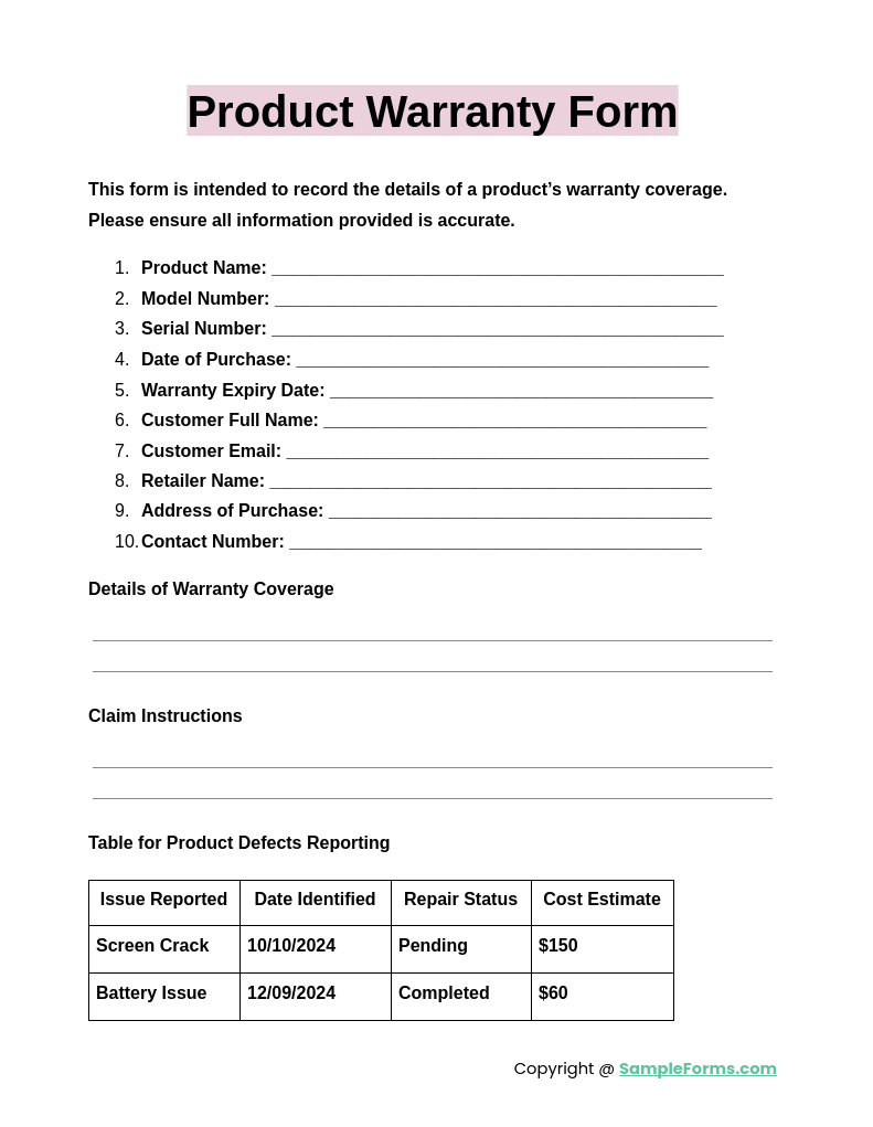 FREE 12+ Warranty Form Samples, PDF, MS Word, Google Docs, Excel