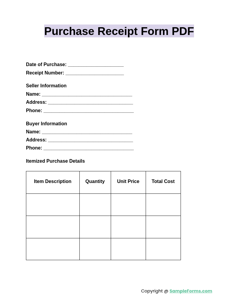 FREE 14+ Purchase Receipt Form Samples, PDF, MS Word, Google Docs, Excel