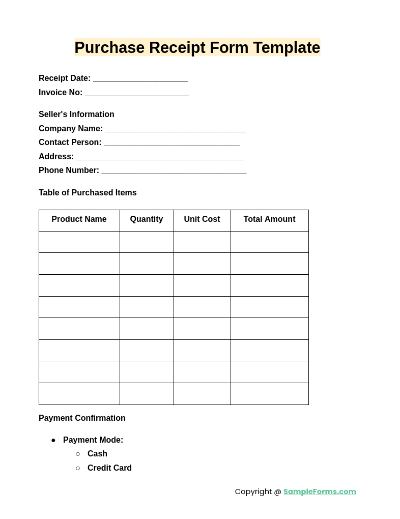FREE 14+ Purchase Receipt Form Samples, PDF, MS Word, Google Docs, Excel