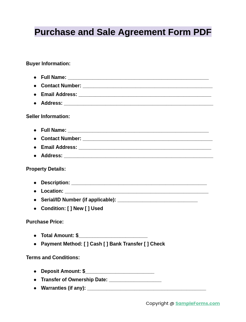 FREE 14+ Purchase and Sale Agreement Form Samples, PDF, MS Word, Google ...