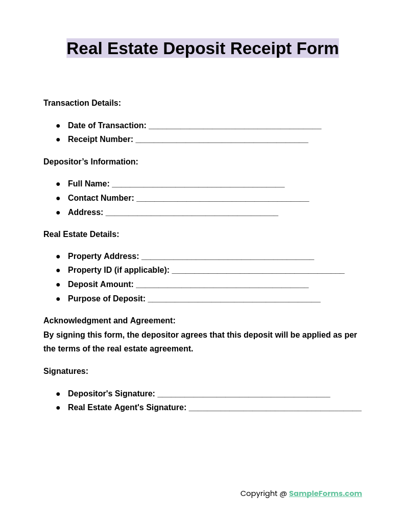 FREE 13+ Deposit Receipt Form Samples, PDF, MS Word, Google Docs, Excel