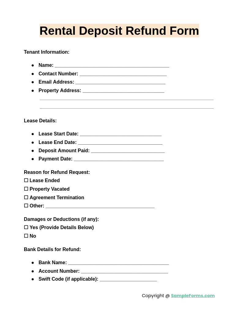FREE 12+ Deposit Refund Form Samples, PDF, MS Word, Google Docs