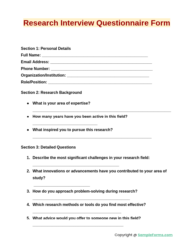 FREE 12+ Interview Questionnaire Form Samples, PDF, MS Word, Google ...