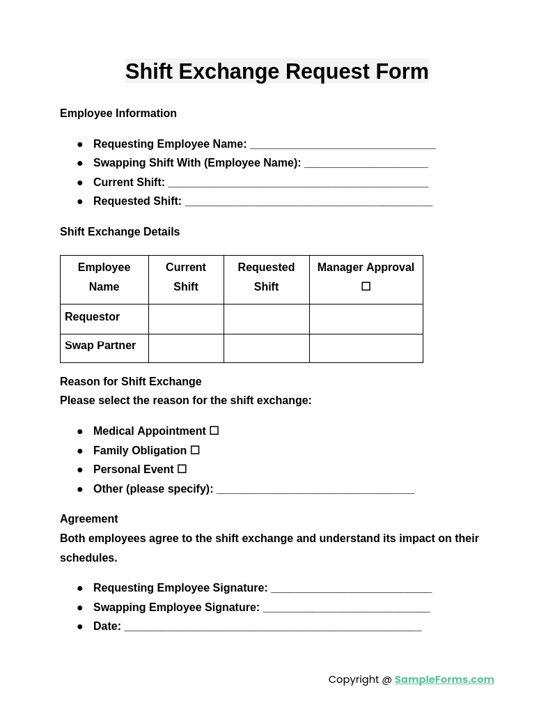 FREE 12+ Shift Change Request Form Samples, PDF, MS Word, Google Docs