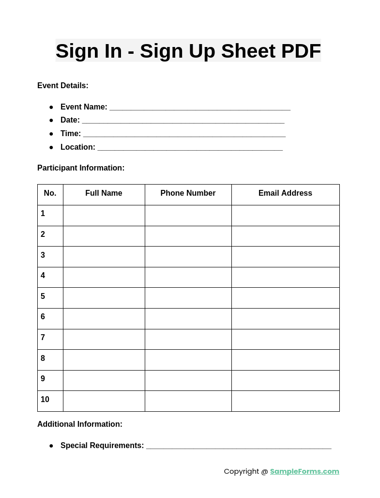 FREE 19+ Sign In - Sign Up Sheet Samples, PDF, MS Word, Google Docs, Excel