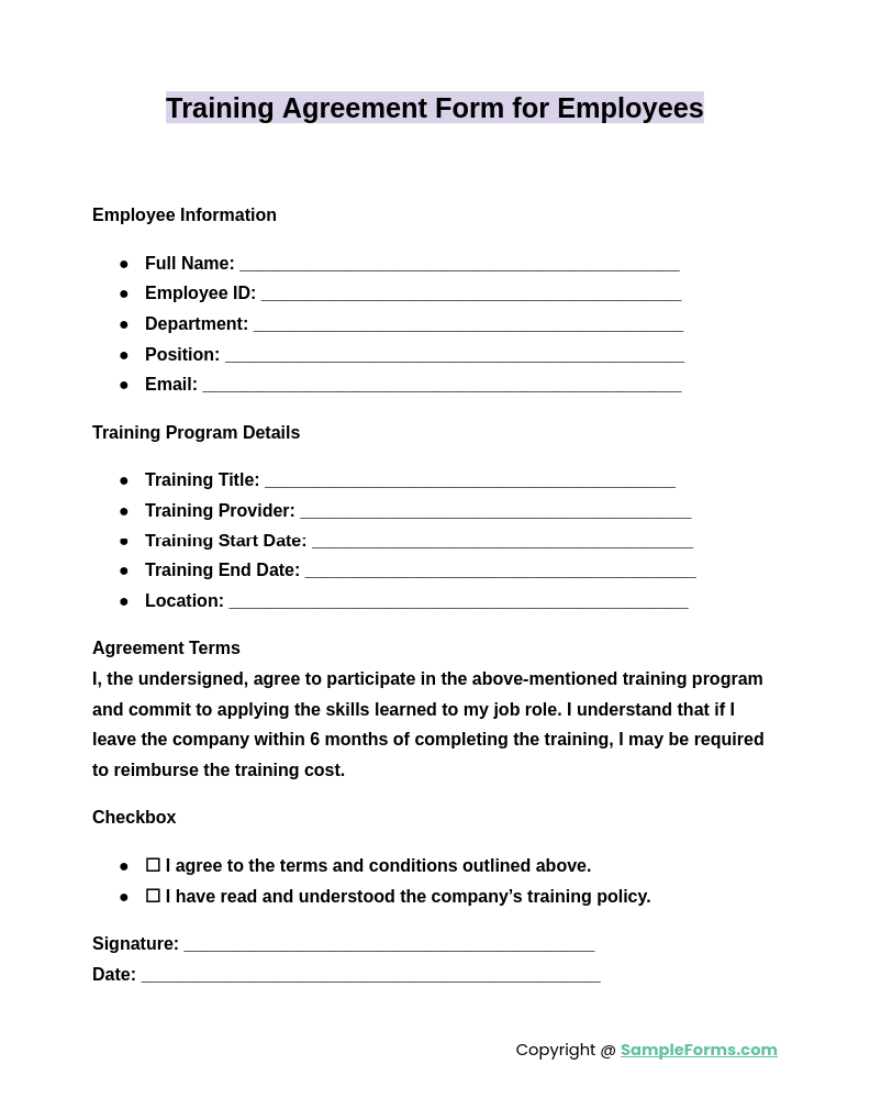 FREE 14+ Training Agreement Form Samples, PDF, MS Word, Google Docs