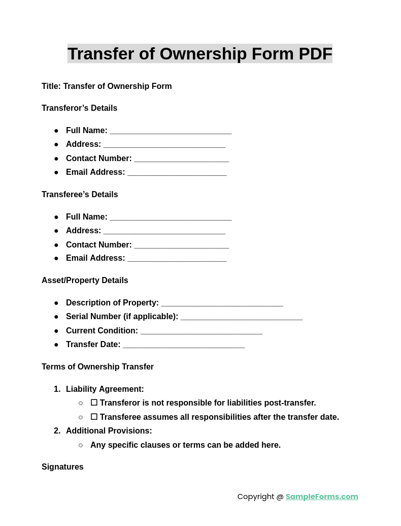 FREE 12+ Transfer of Ownership Form Samples, PDF, MS Word, Google Docs