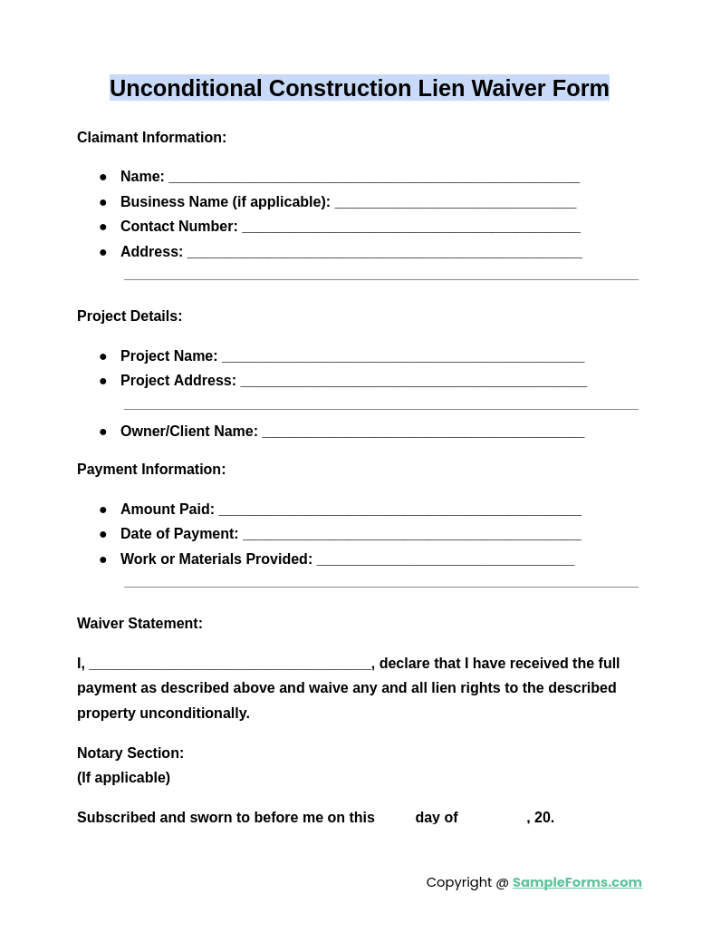 FREE 12+ Construction Lien Waiver Form Samples, PDF, MS Word, Google Docs