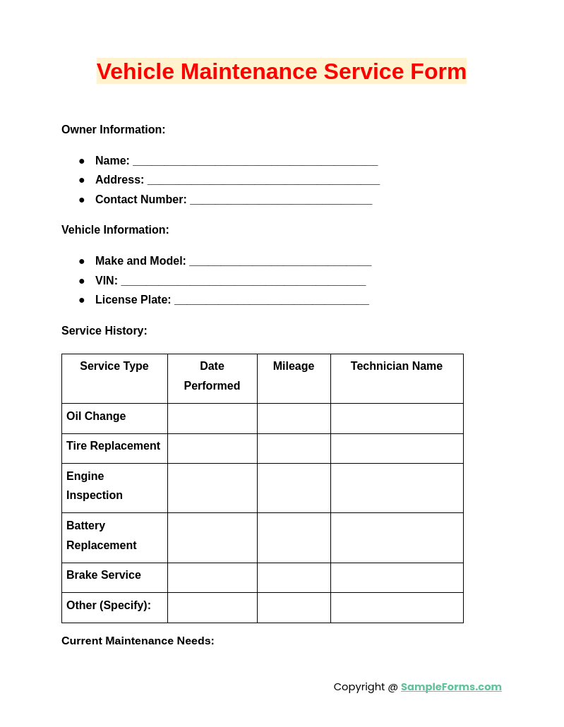 FREE 11+ Vehicle Service Form Samples, PDF, MS Word, Google Docs
