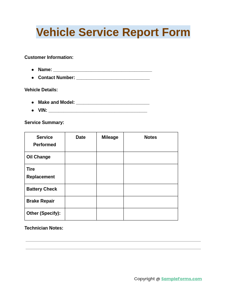 FREE 11+ Vehicle Service Form Samples, PDF, MS Word, Google Docs