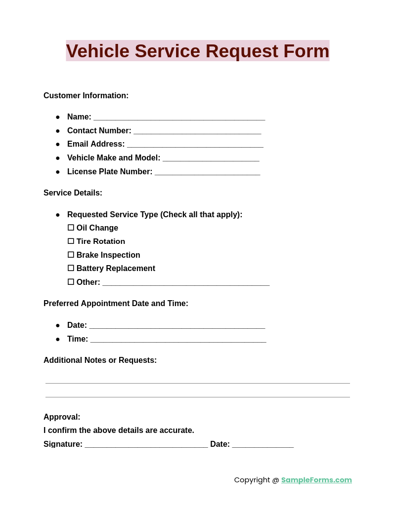 FREE 11+ Vehicle Service Form Samples, PDF, MS Word, Google Docs