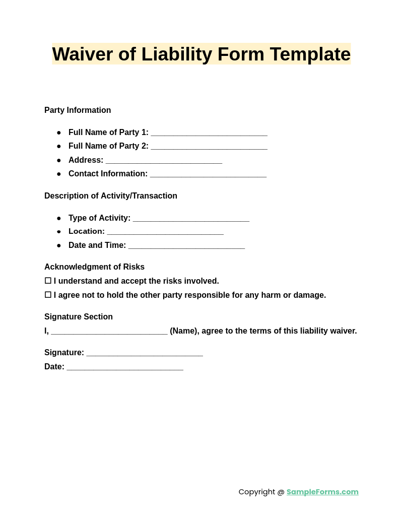 FREE 13+ Waiver of Liability Form Samples, PDF, MS Word, Google Docs