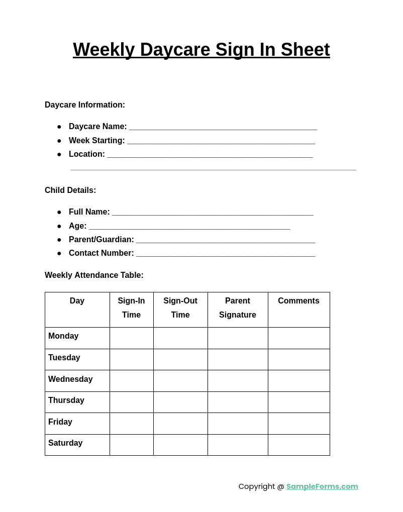 FREE 10+ Daycare Sign In Sheet Samples, PDF, MS Word, Google Docs