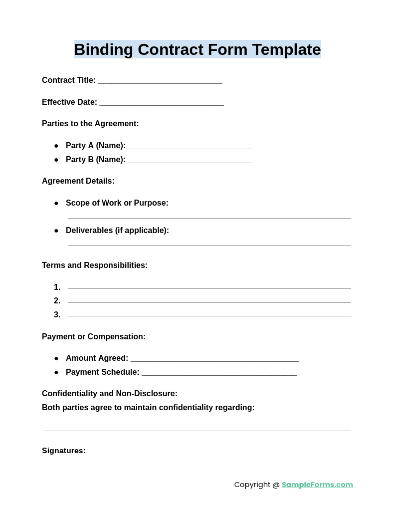 FREE 12+ Binding Contract Form Samples, PDF, MS Word, Google Docs