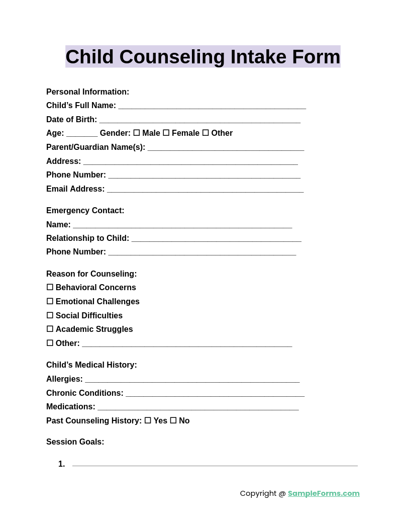 FREE 13+ Counseling Intake Form Samples, PDF, MS Word, Google Docs