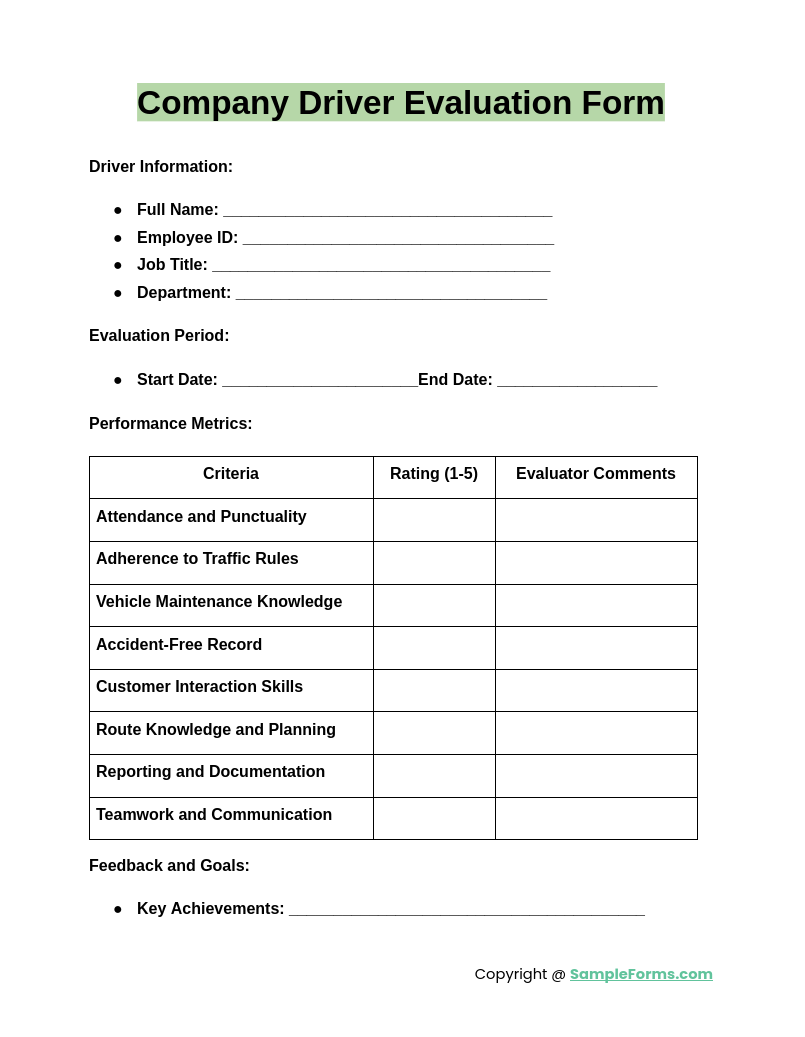 FREE 13+ Driver Evaluation Form Samples, PDF, MS Word, Google Docs