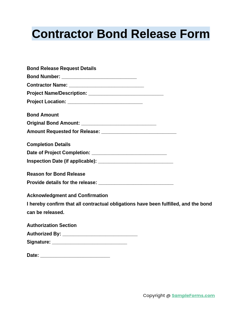 FREE 13+ Bond Release Form Samples, PDF, MS Word, Google Docs