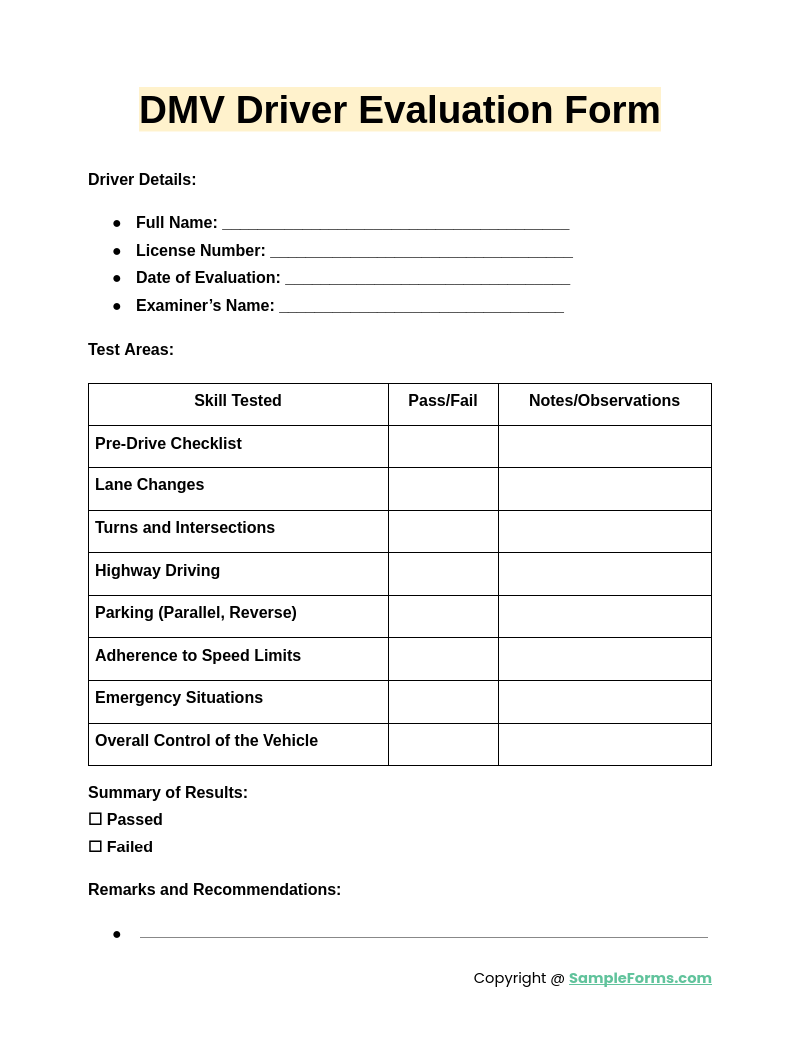 FREE 13+ Driver Evaluation Form Samples, PDF, MS Word, Google Docs