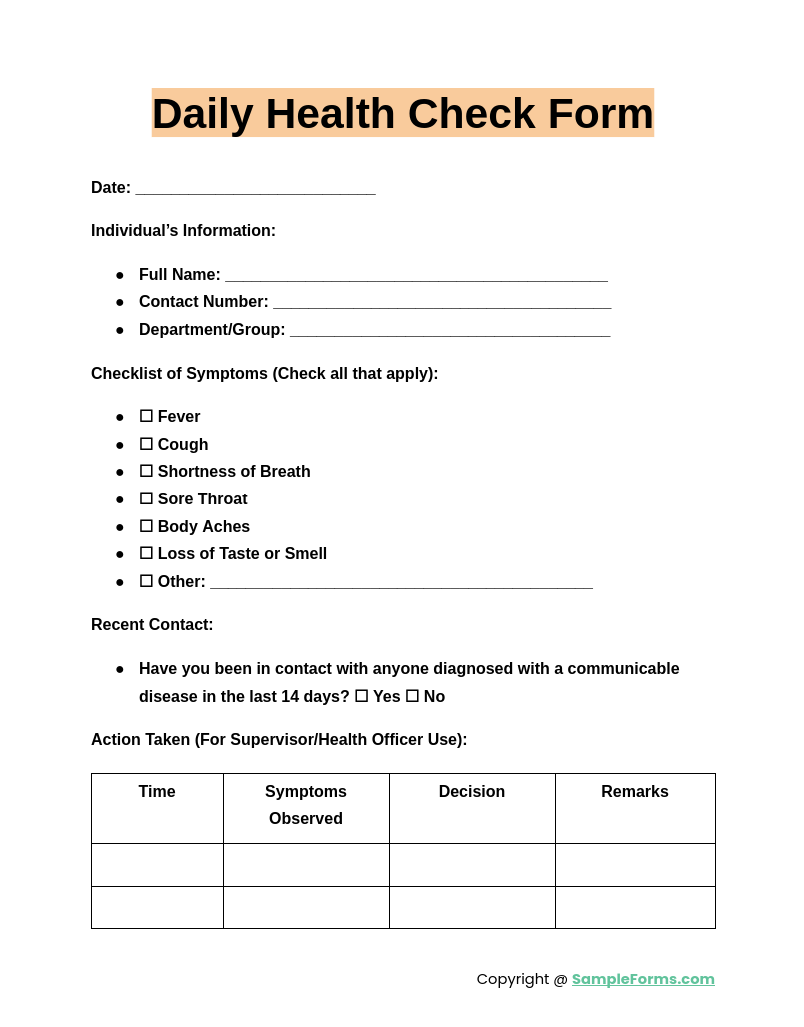 FREE 12+ Health Check Form Samples, PDF, MS Word, Google Docs