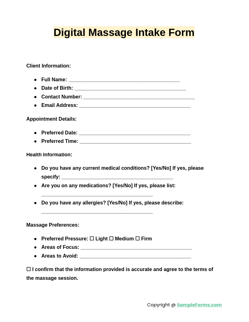 FREE 10+ Massage Intake Form Samples, PDF, MS Word, Google Docs