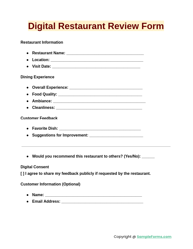 FREE 11+ Restaurant Review Form Samples, PDF, MS Word, Google Docs