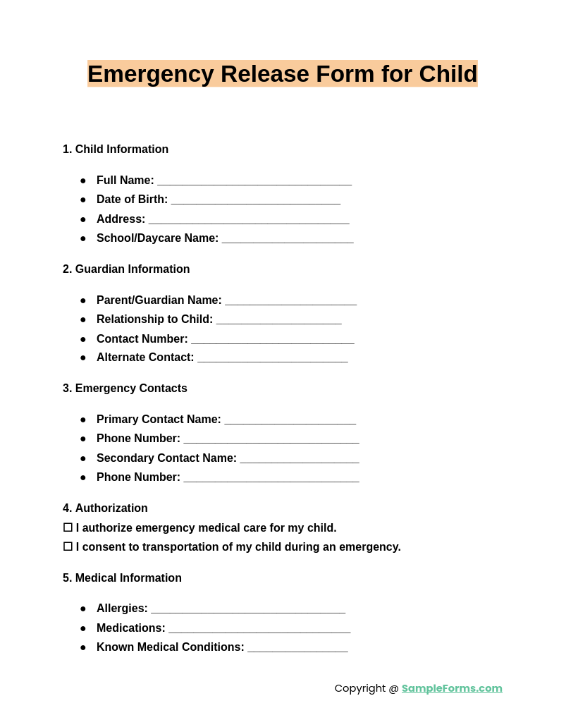 FREE 25+ Emergency Release Form Samples, PDF, MS Word, Google Docs