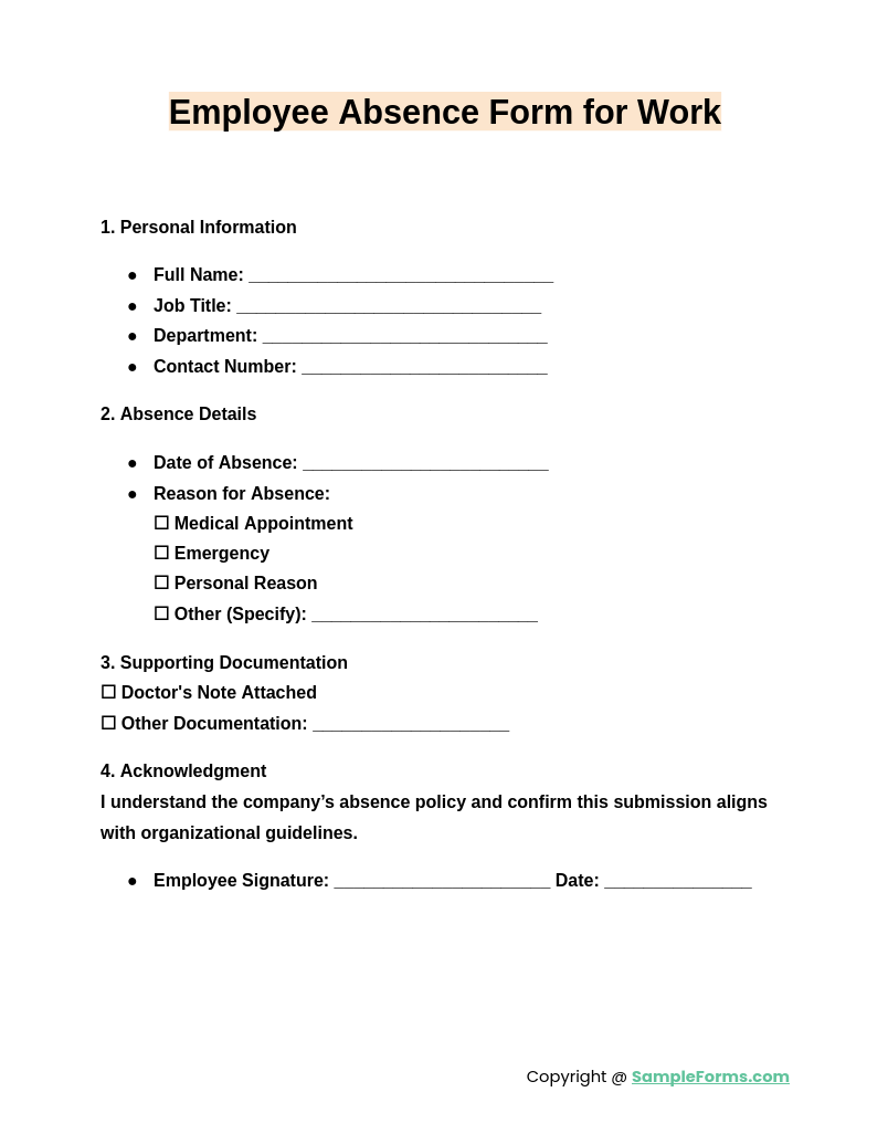 FREE 11+ Employee Absence Forms in PDF | MS Word | Excel