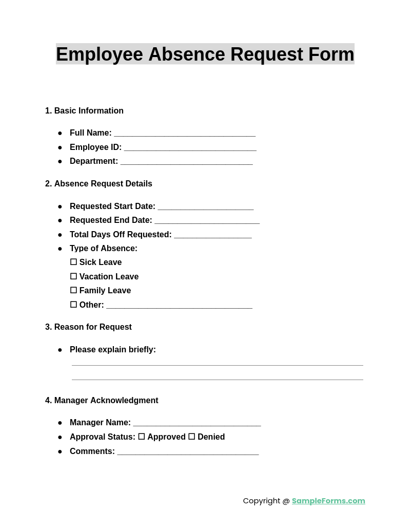 FREE 11+ Employee Absence Forms in PDF | MS Word | Excel