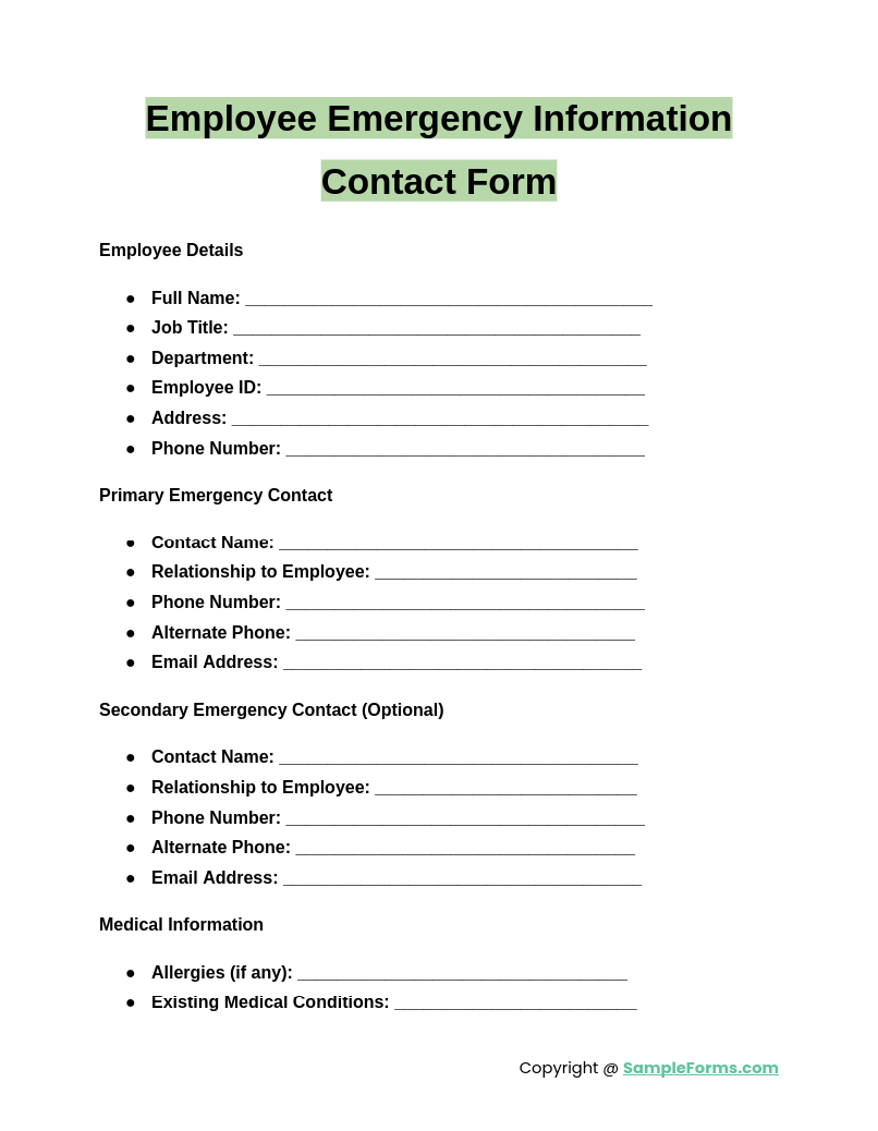 FREE 13+ Employee Emergency Contact Form Samples, PDF, MS Word, Google ...