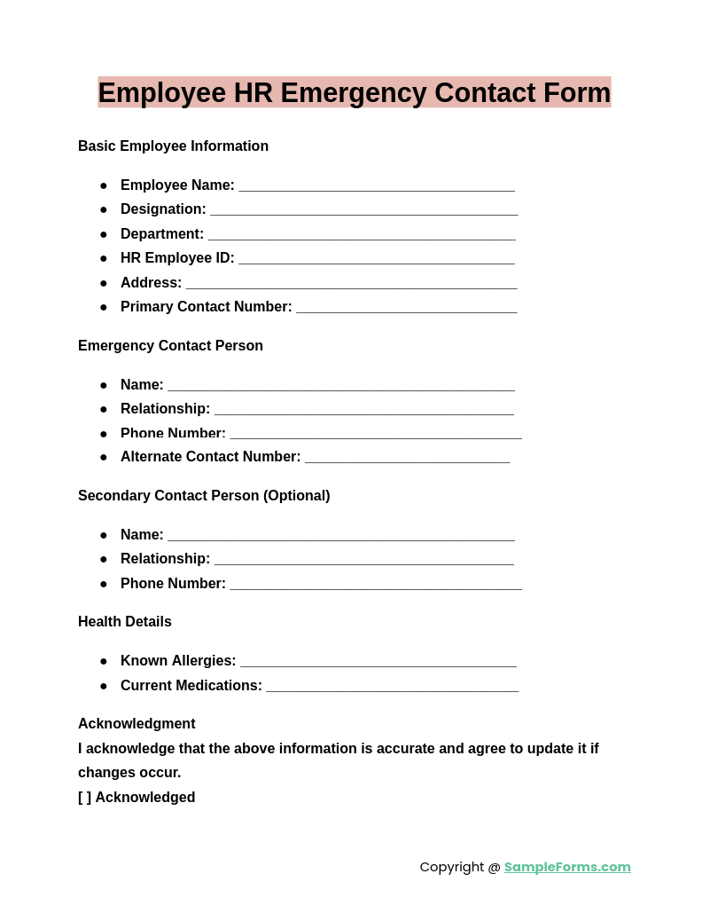 FREE 13+ Employee Emergency Contact Form Samples, PDF, MS Word, Google ...
