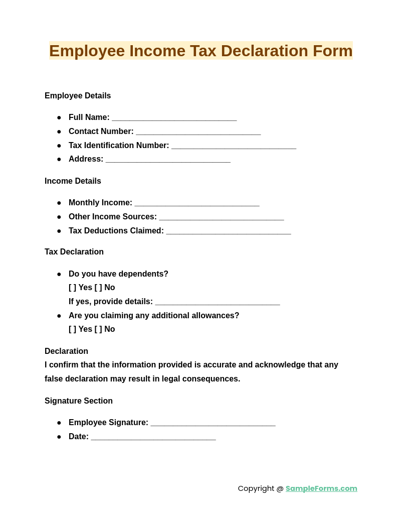 FREE 13+ Employee Declaration Form Samples, PDF, MS Word, Google Docs ...