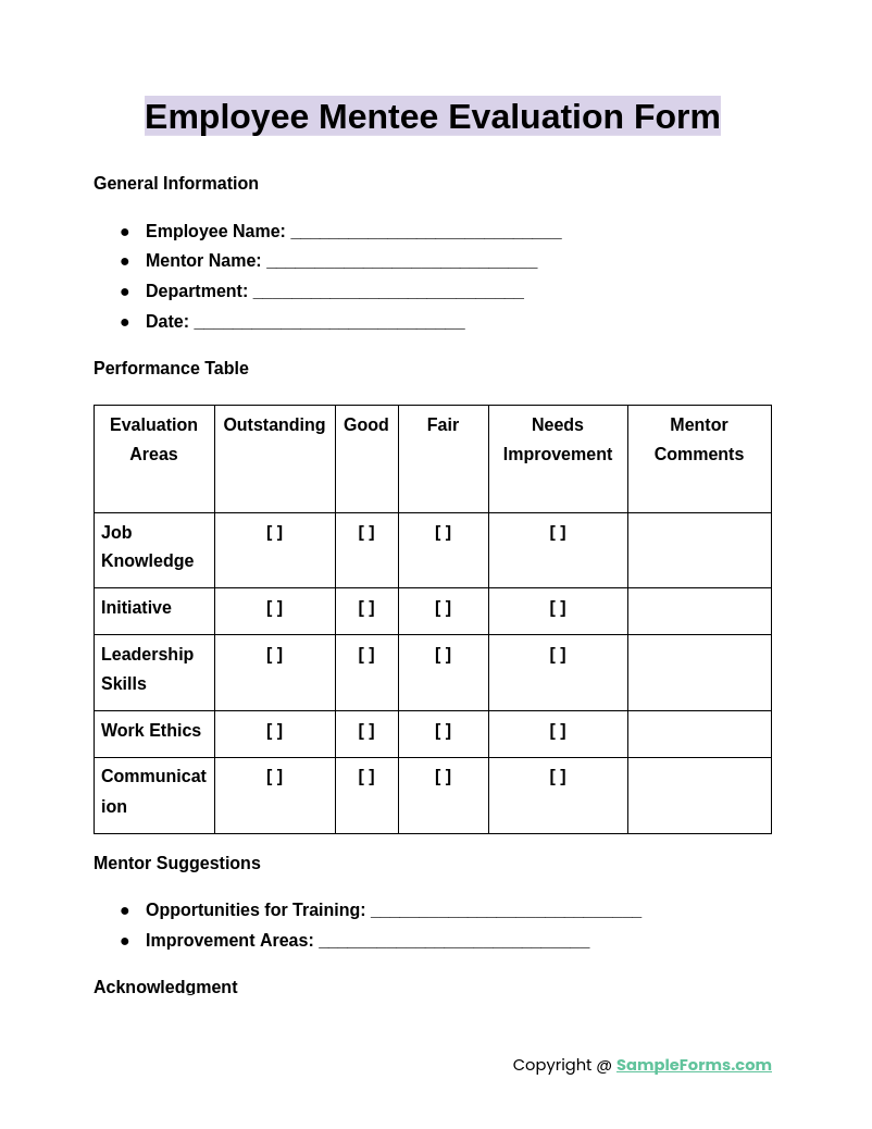 FREE 19+ Mentee Evaluation Form Samples, PDF, MS Word, Google Docs