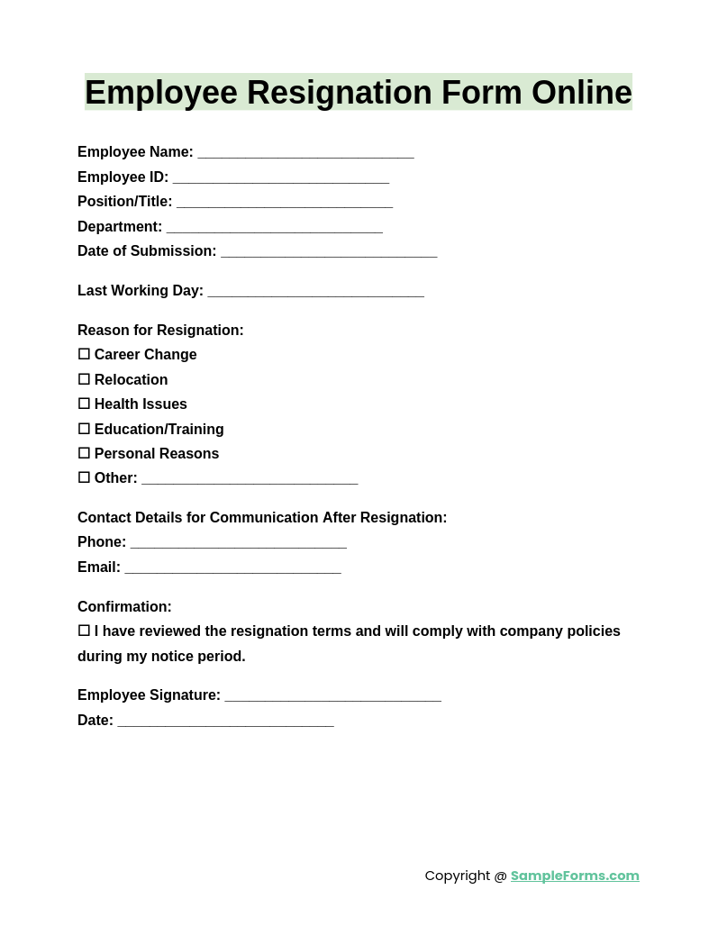 FREE 29+ Employee Resignation Form Samples, PDF, MS Word, Google Docs