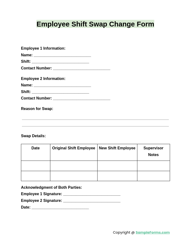 FREE 11+ Employee Shift Change Form Samples, PDF, MS Word, Google Docs