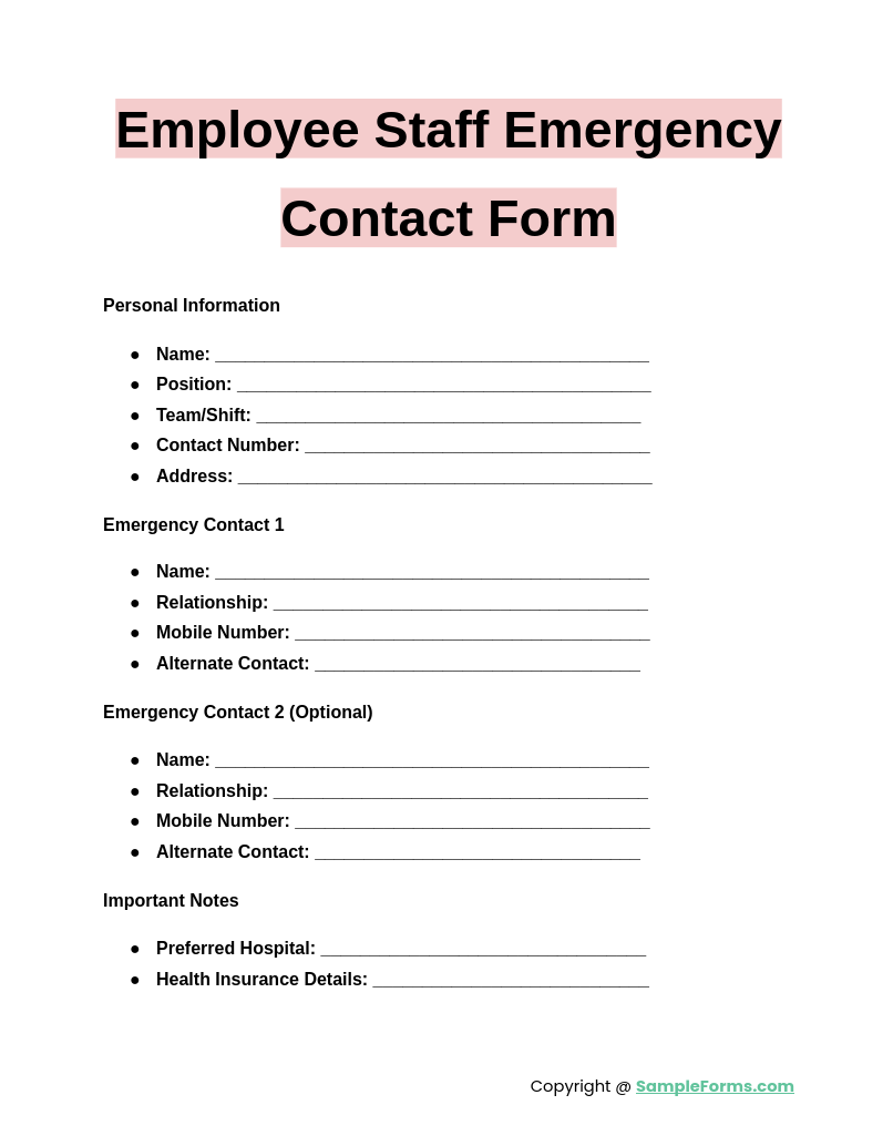 FREE 13+ Employee Emergency Contact Form Samples, PDF, MS Word, Google ...