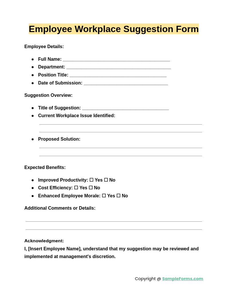 FREE 18+ Employee Suggestion Form Samples, PDF, MS Word, Google Docs, Excel