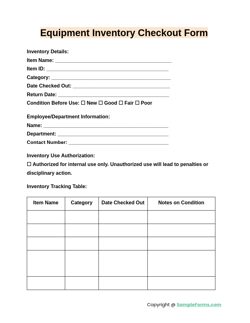 FREE 13+ Equipment Checkout Form Samples, PDF, MS Word, Google Docs, Excel