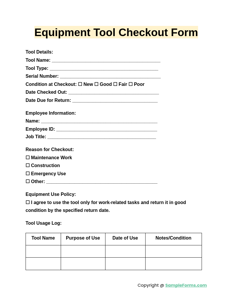 FREE 13+ Equipment Checkout Form Samples, PDF, MS Word, Google Docs, Excel