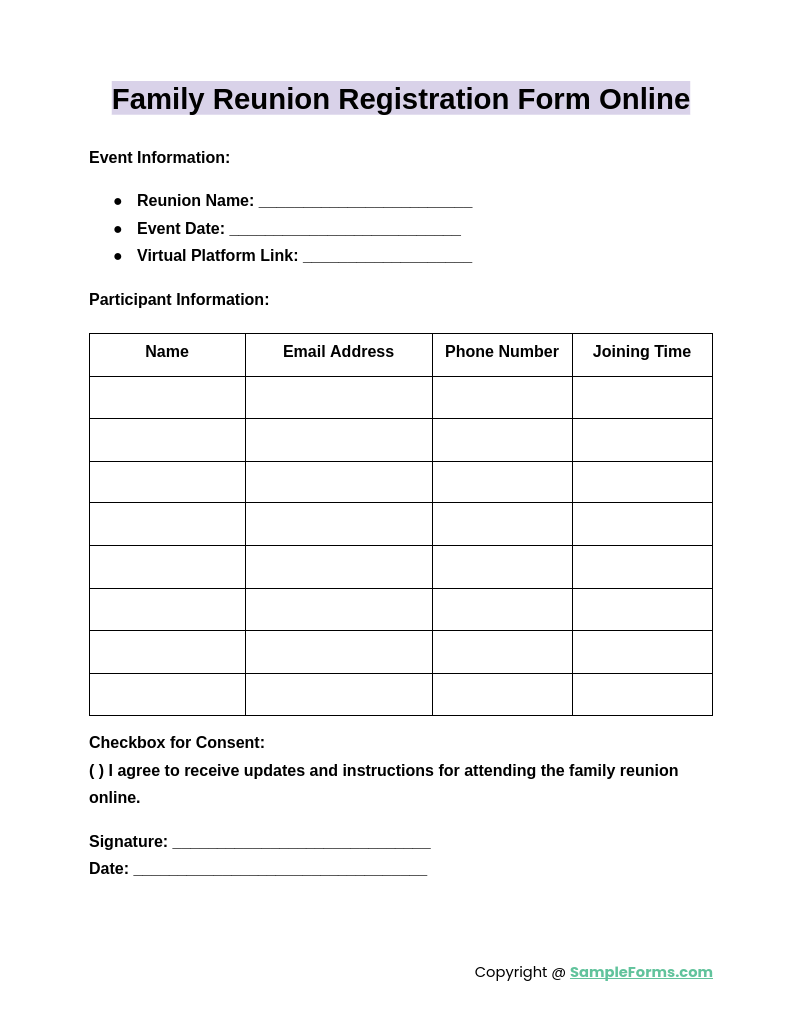 FREE 13+ Family Reunion Registration Form Samples, PDF, MS Word, Google ...
